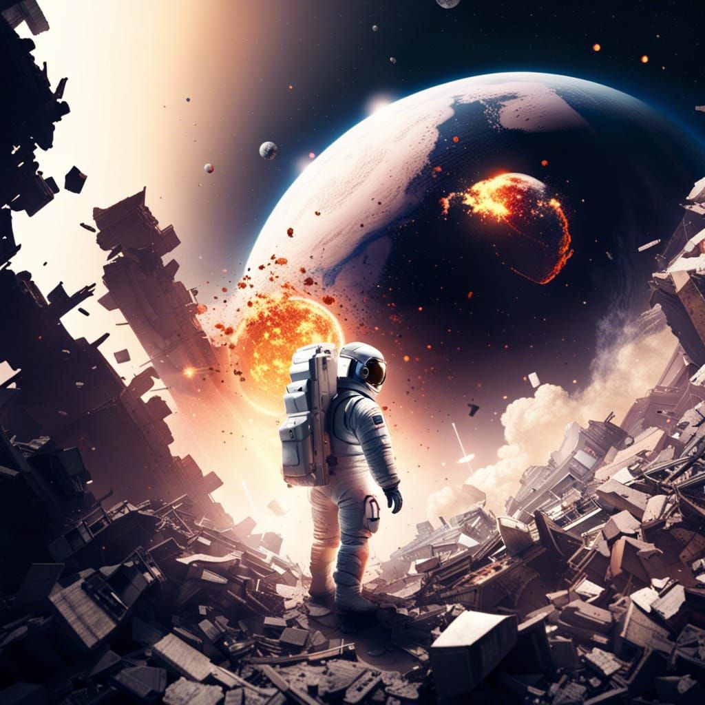 An astronaut is standing in a pile of rubble and turns to look at us ...