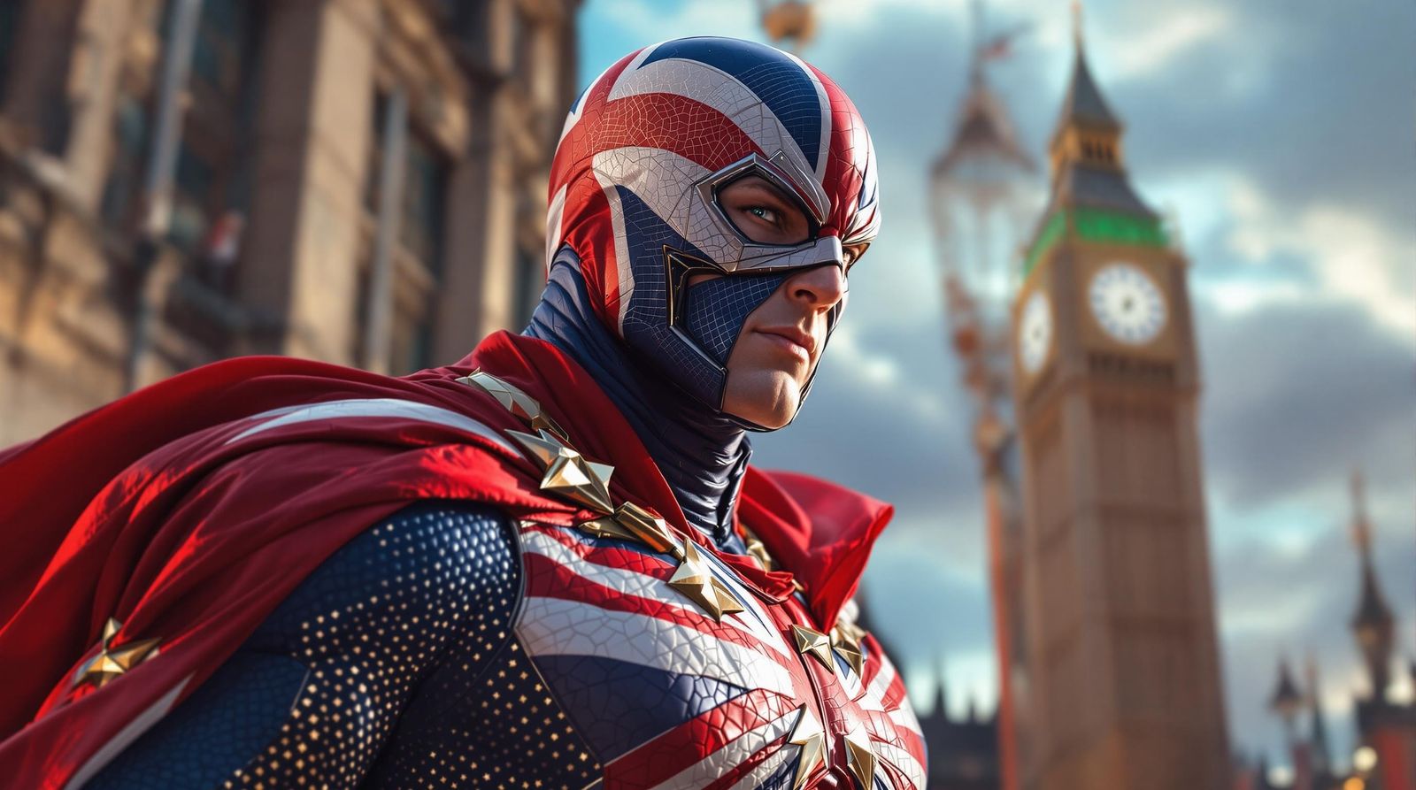 Captain Britain in Epic Union Jack Regalia near Bi... - AI Art