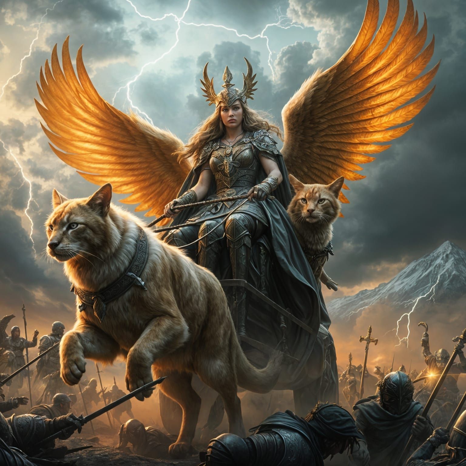 Norse Goddess Freyja Rides Golden-Maned Cat Chario... - AI Art