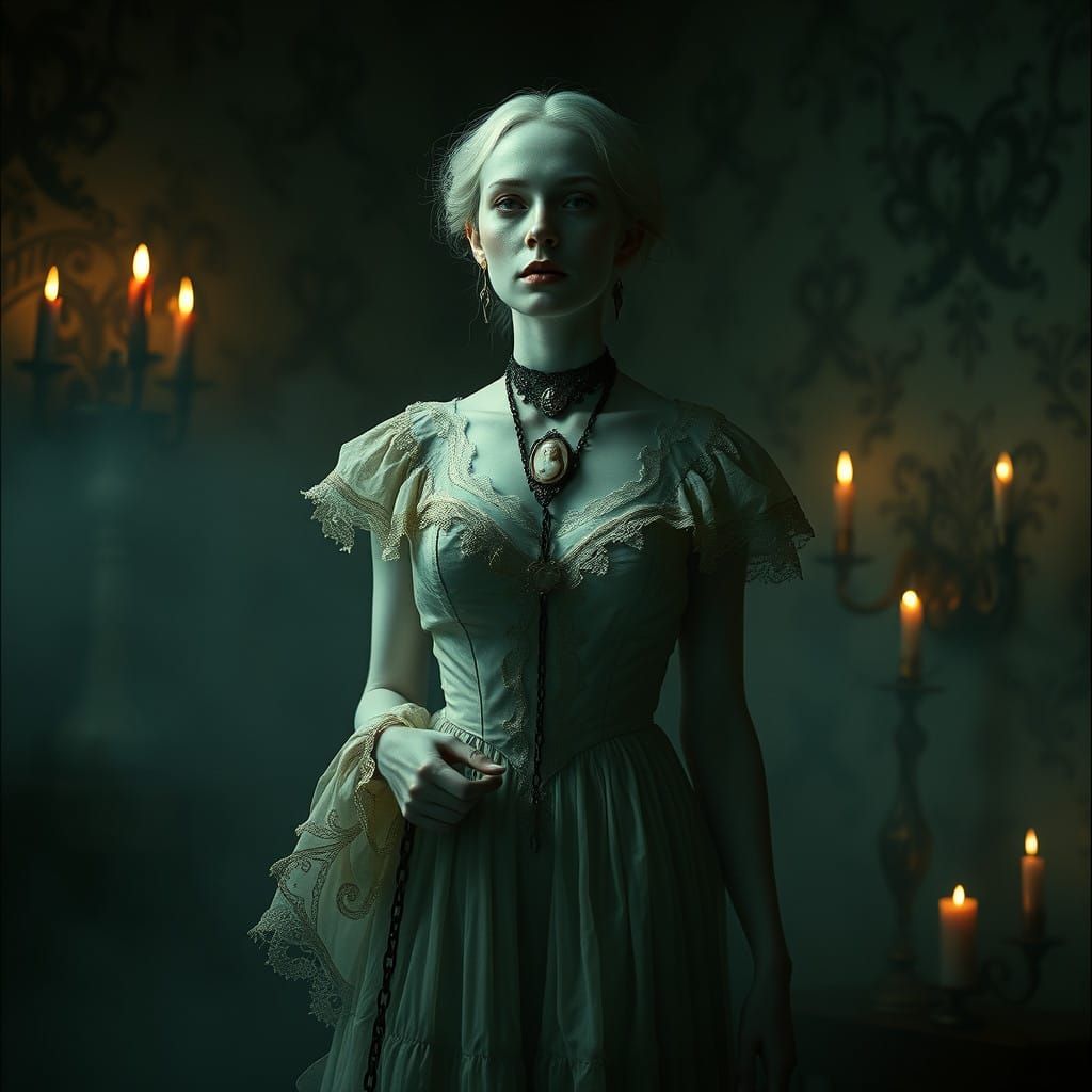 A spectral, porcelain-skinned woman with a tattered, high-necked ...