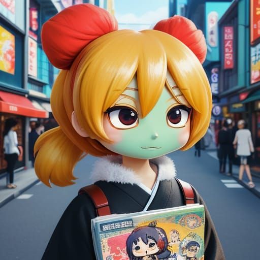 Chibi Puppet in Crisis, Anime-Inspired Cityscape - AI Art