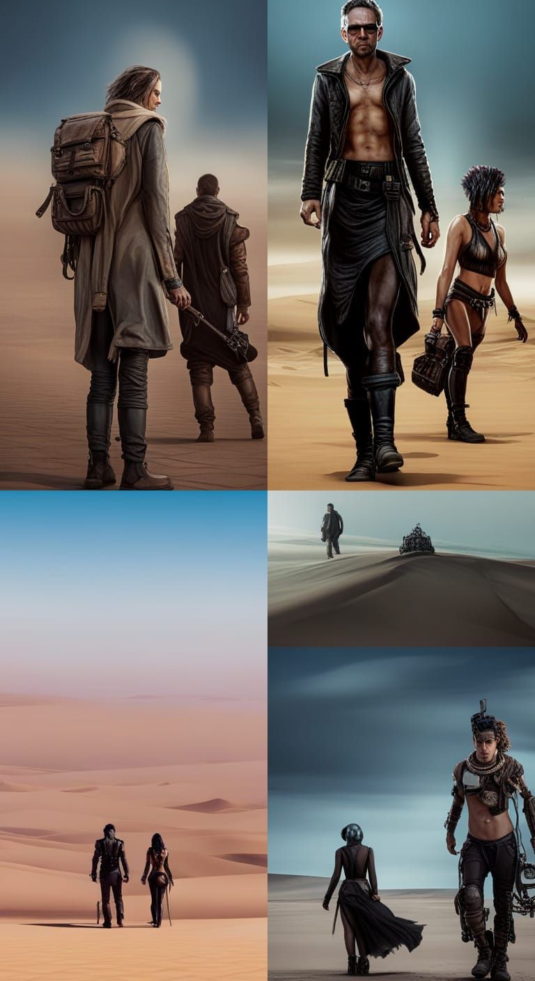 cyberpunk steampunk madmax man with a woman walking in middle of the desert, by siqueiros, by ...