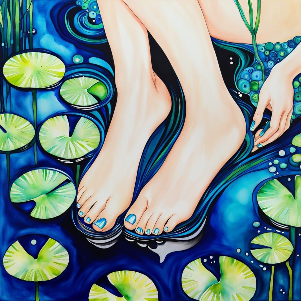 Alcohol-inks DRAWING, PRETTY FEMALE feet, calm lilly POND, 💚💙🩷💛, in the ...