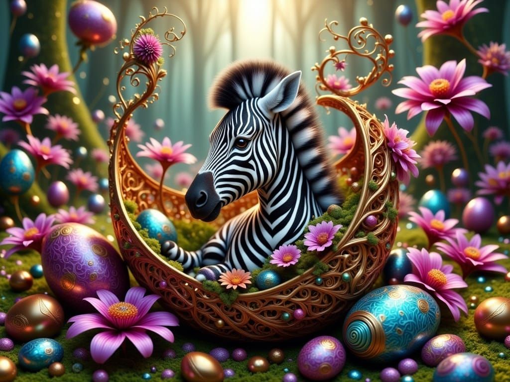 Cute Zebra in an Easter Forest - Vibrant Easter Zebra in a F...