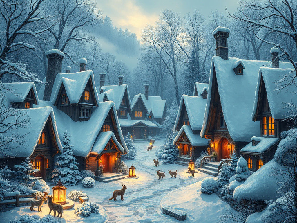 a cozy winter village - Whimsical Winter Village Scene