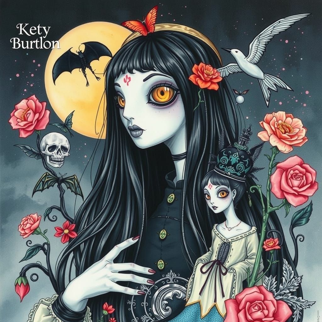 Dark Gothic Wednesday Addams Watercolor Portrait - AI Art