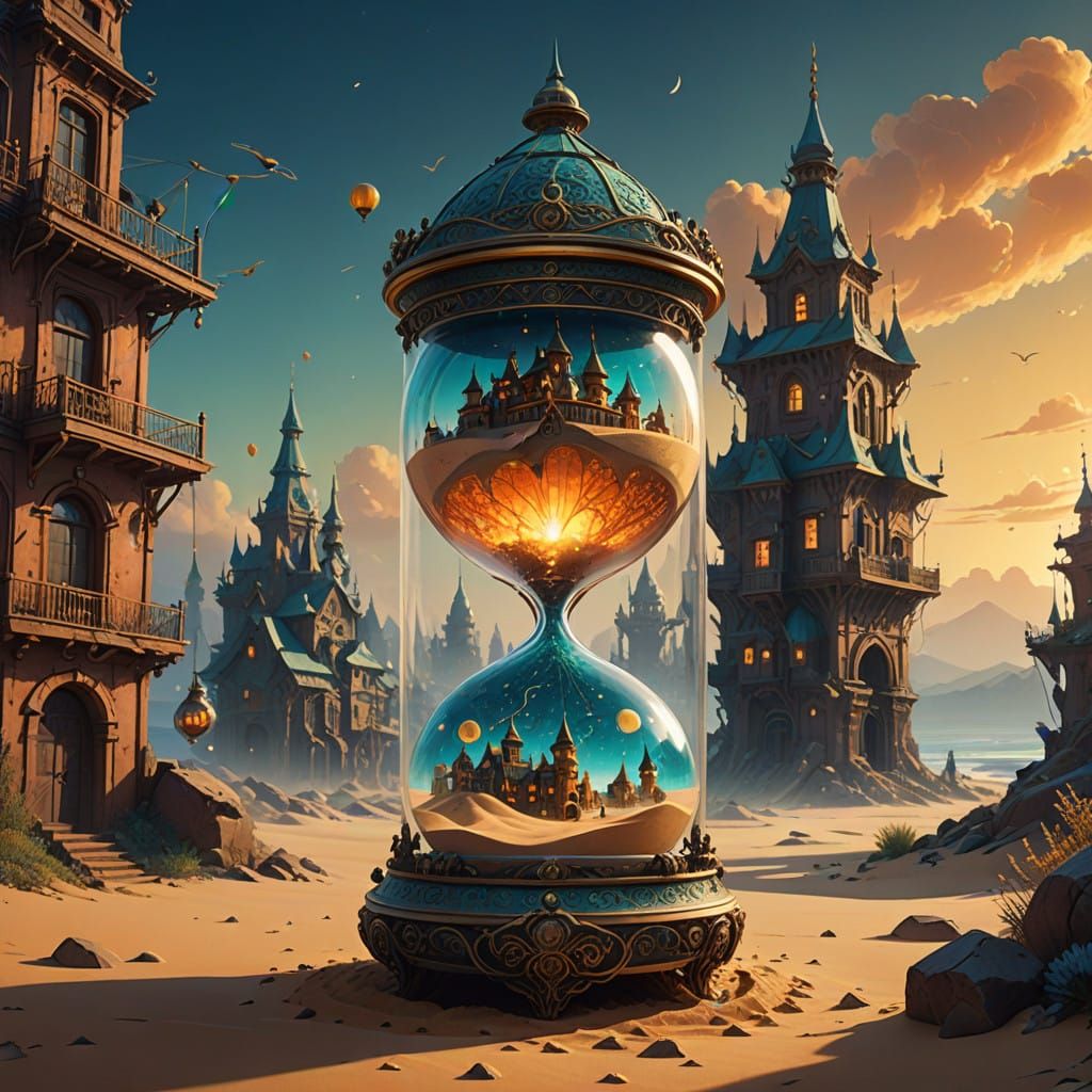 fantasy sand glass timer with magical clay city