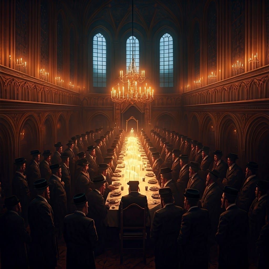 The Rebbe's Tisch (Rabbi's Table) The grand dining hall blazes with ...