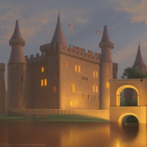 mideval castle at dusk illustrated by Guido Borelli detailed matte ...