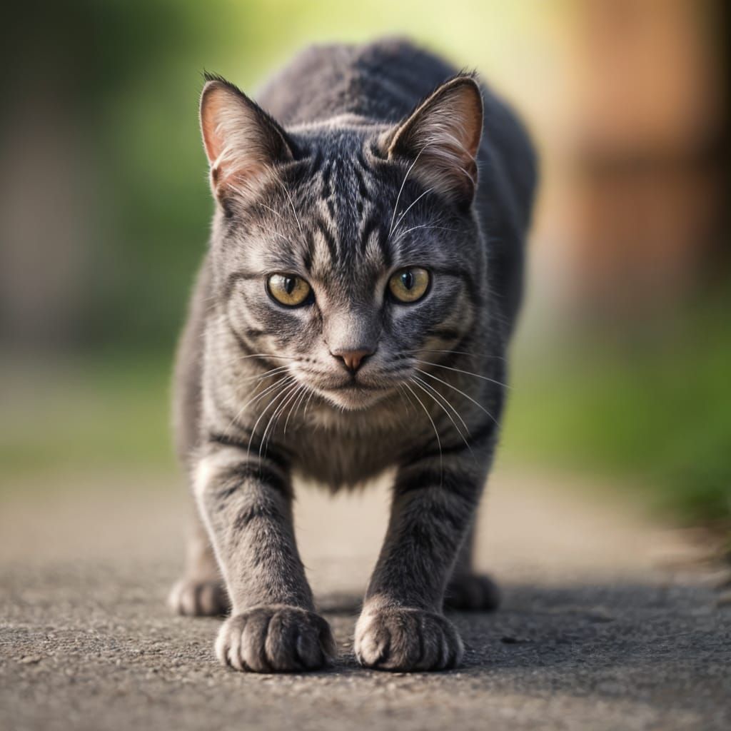 a crouching cat with a wild look in its eyes is about to pounce