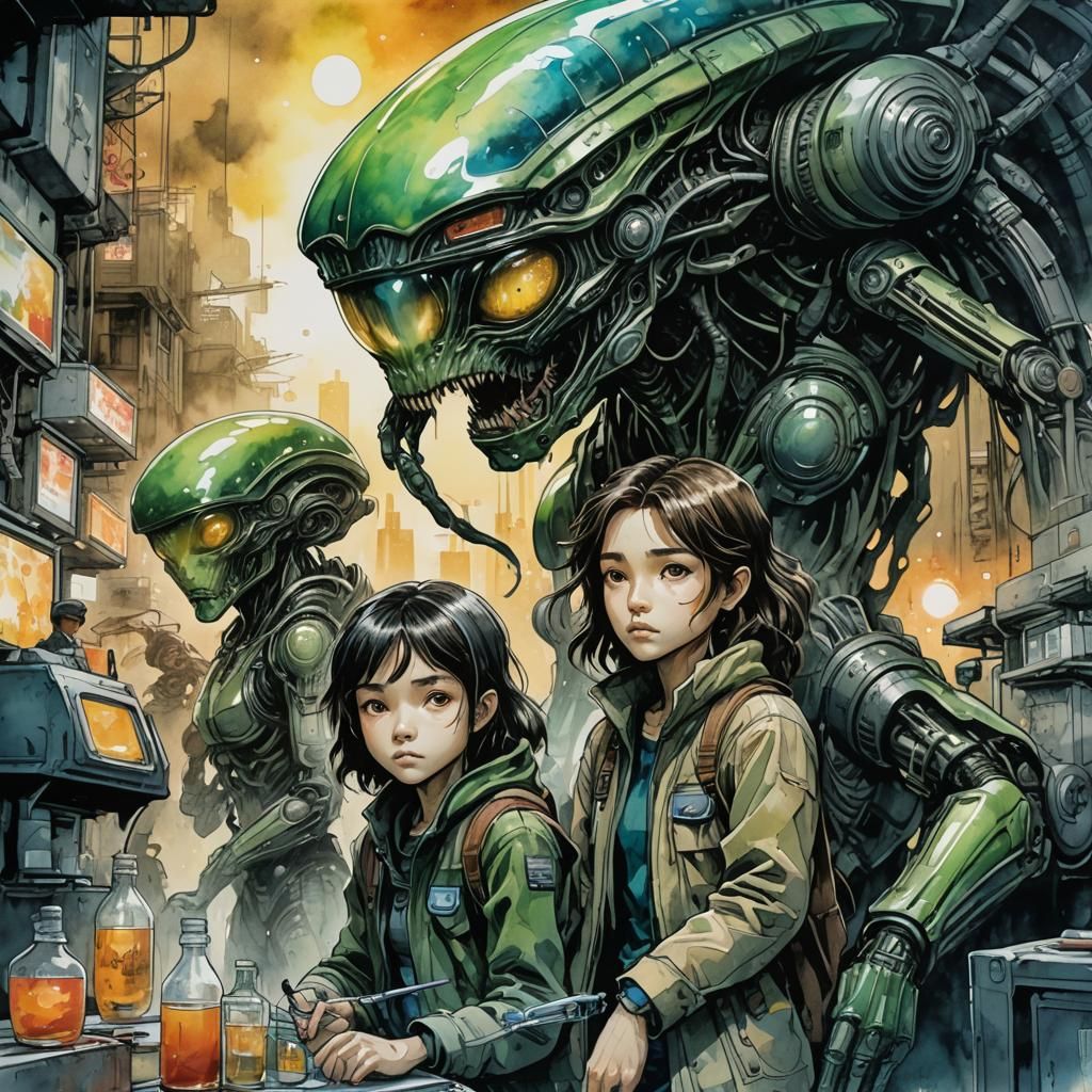 Alien Takeover watercolors hyperdetailed 8k light at dawn establishing ...