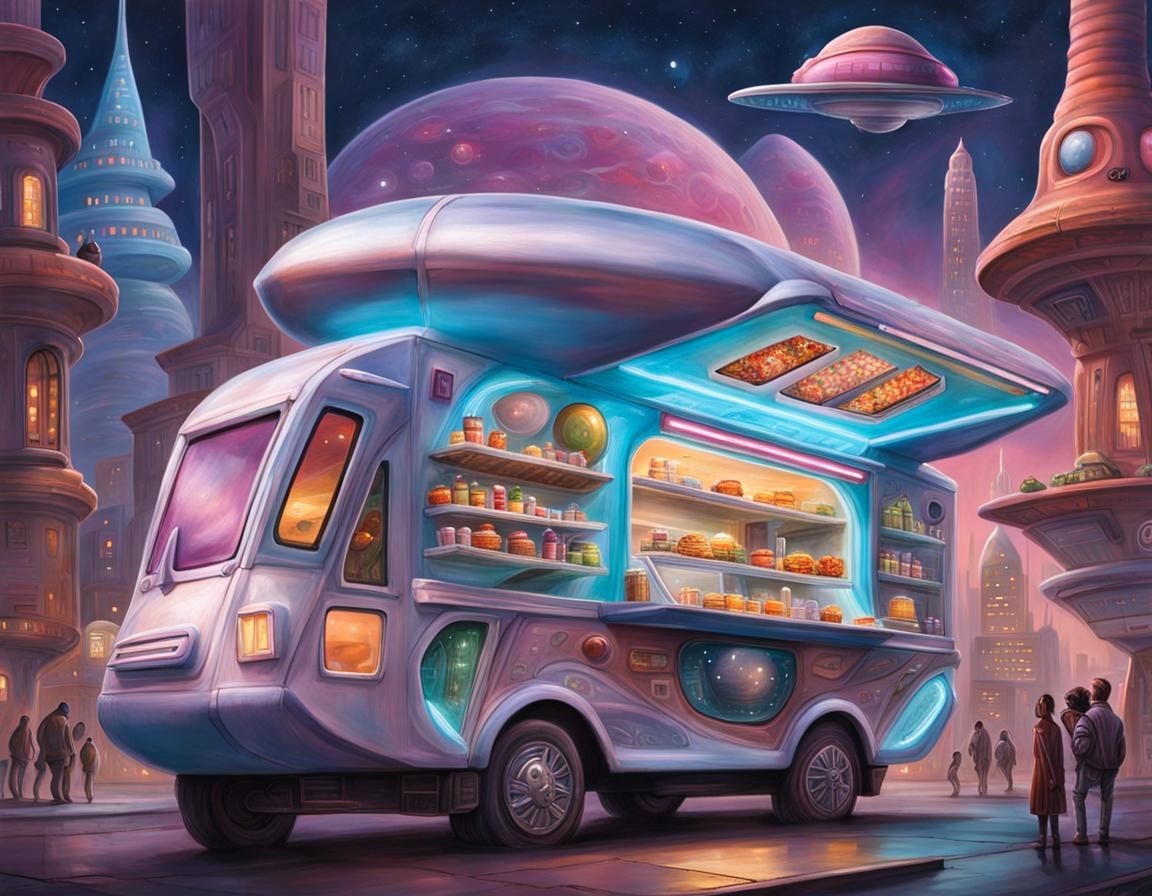 Space age food truck - Cosmic Food Truck in Futuristic City