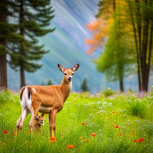 flower covered doe and fawn grazing in a grassy meadow - AI Generated ...