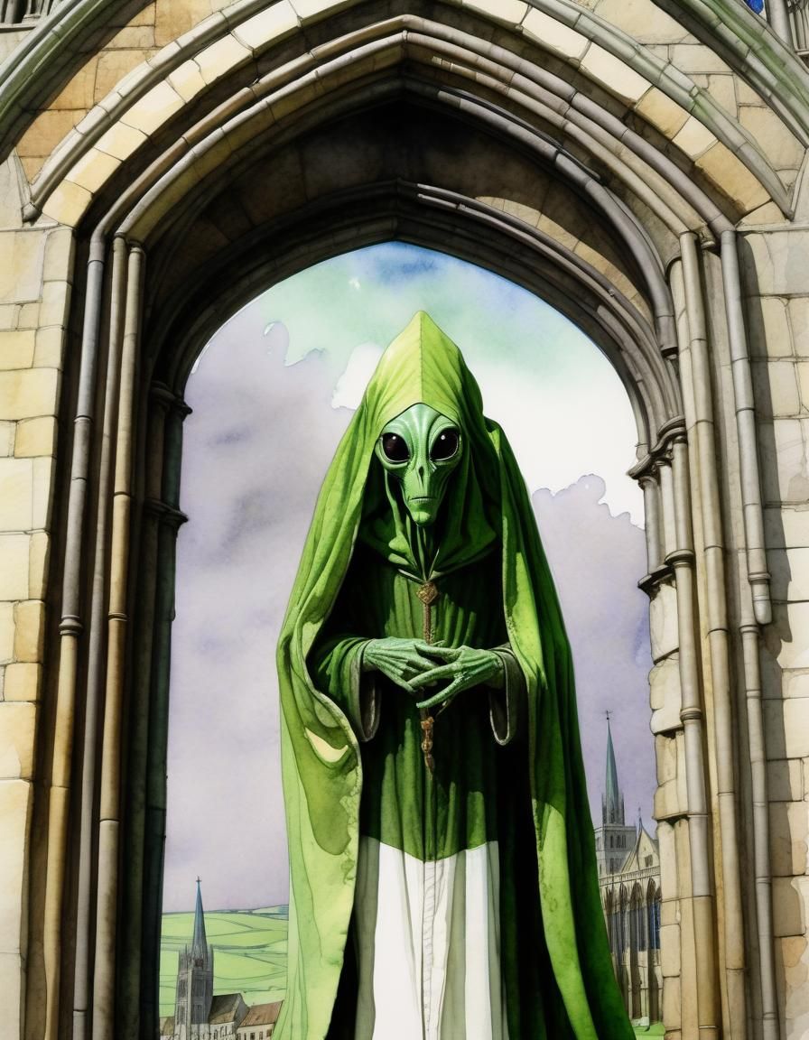 Medieval Space Alien Pilgrim in Watercolor - AI Art