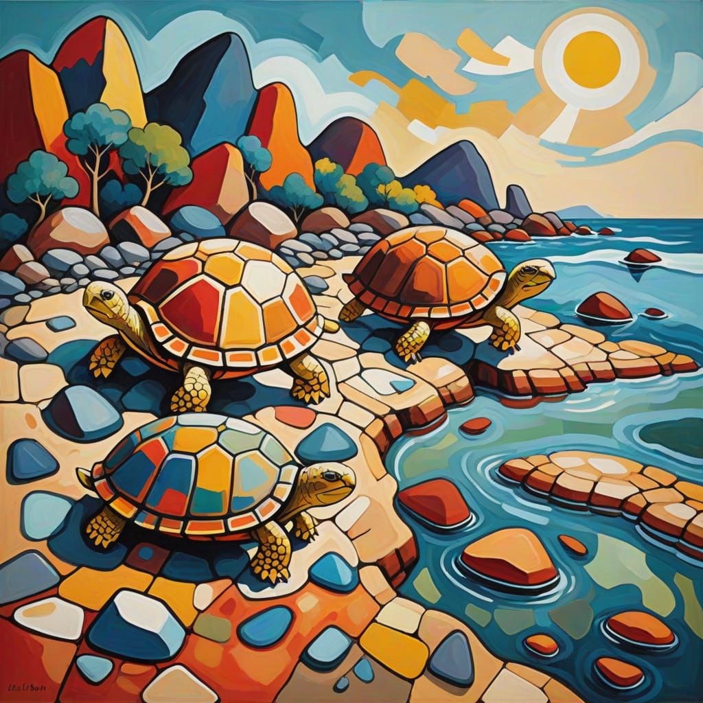 Turtles in Vibrant Cubist Masterpiece - AI Art