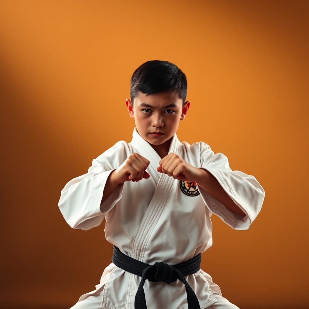 young black belt karateka in kata position, strength and control ...