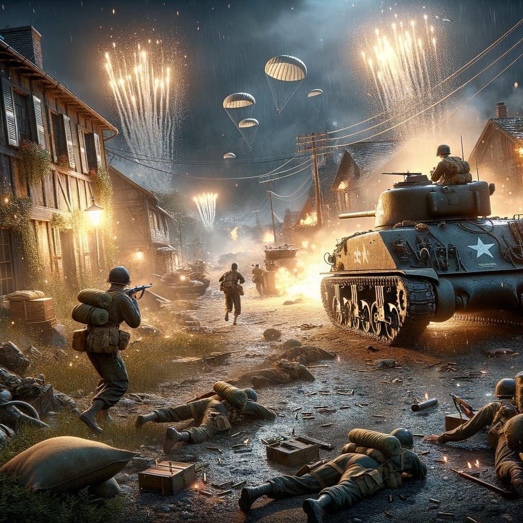 Dramatic WWII Battle Scene in Cyberpunk Style - AI Art