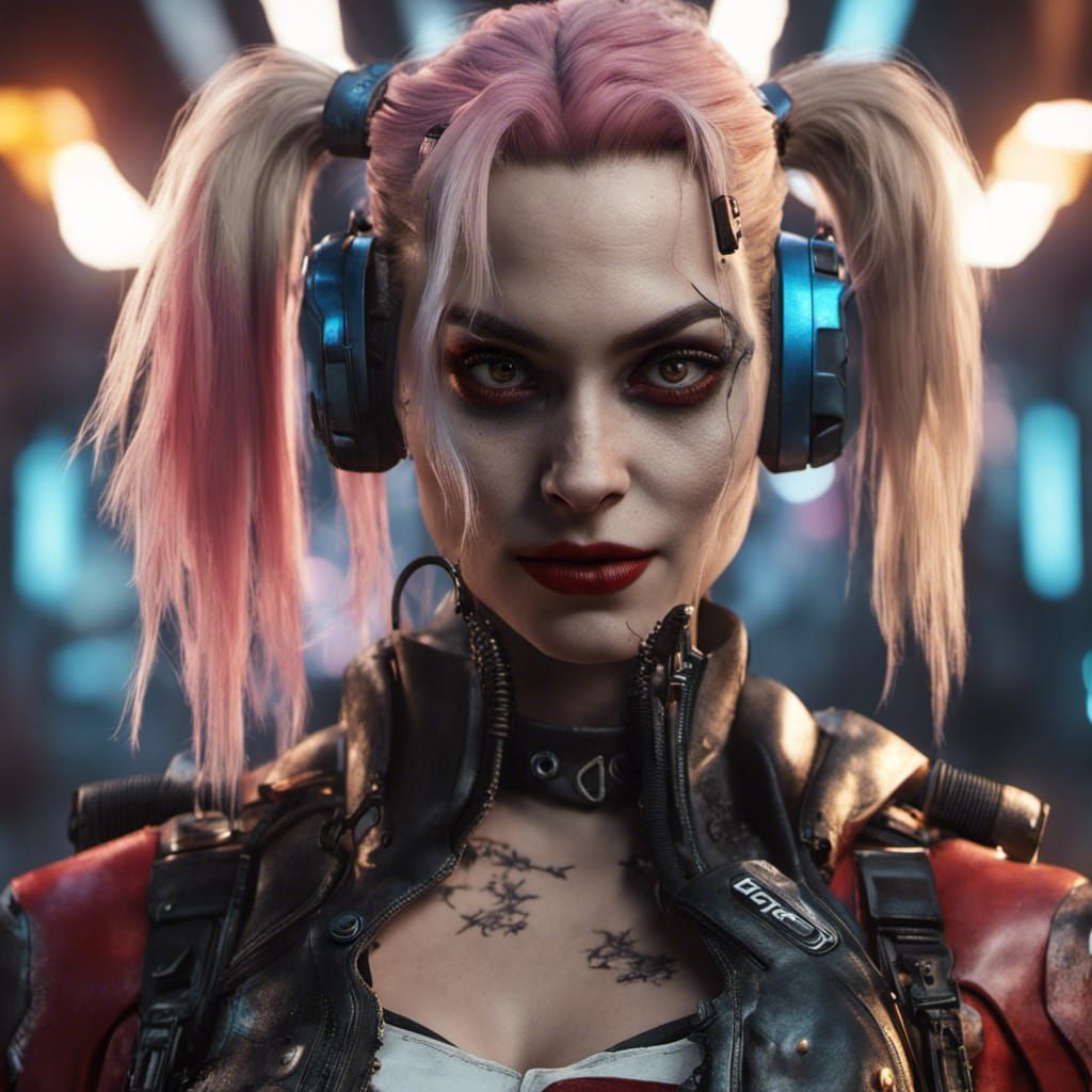 Cyberpunk Harley Quinn, Arleen Sorkin, cybernetics, glowing eyes, head ...