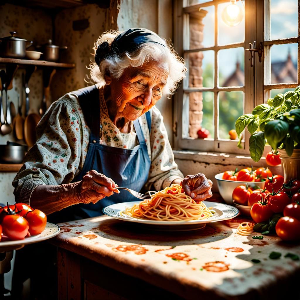 Grandma making a spaghetti - AI Generated Artwork - NightCafe Creator