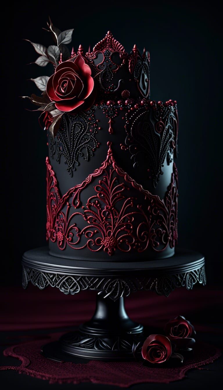 A perfect gothic dark red and black cake with intricate black lace and ...