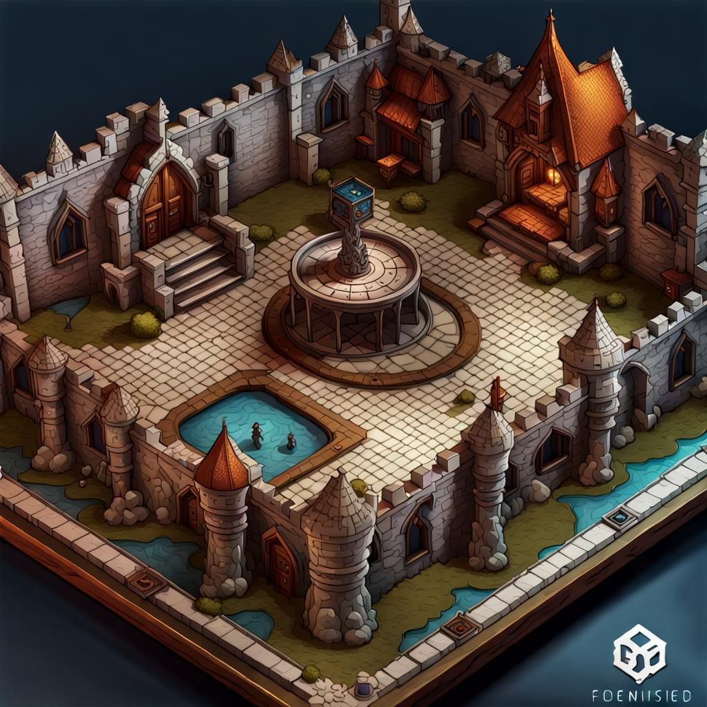 Isometric fantasy tabletop grid map and miniatures from DD5E featuring ...