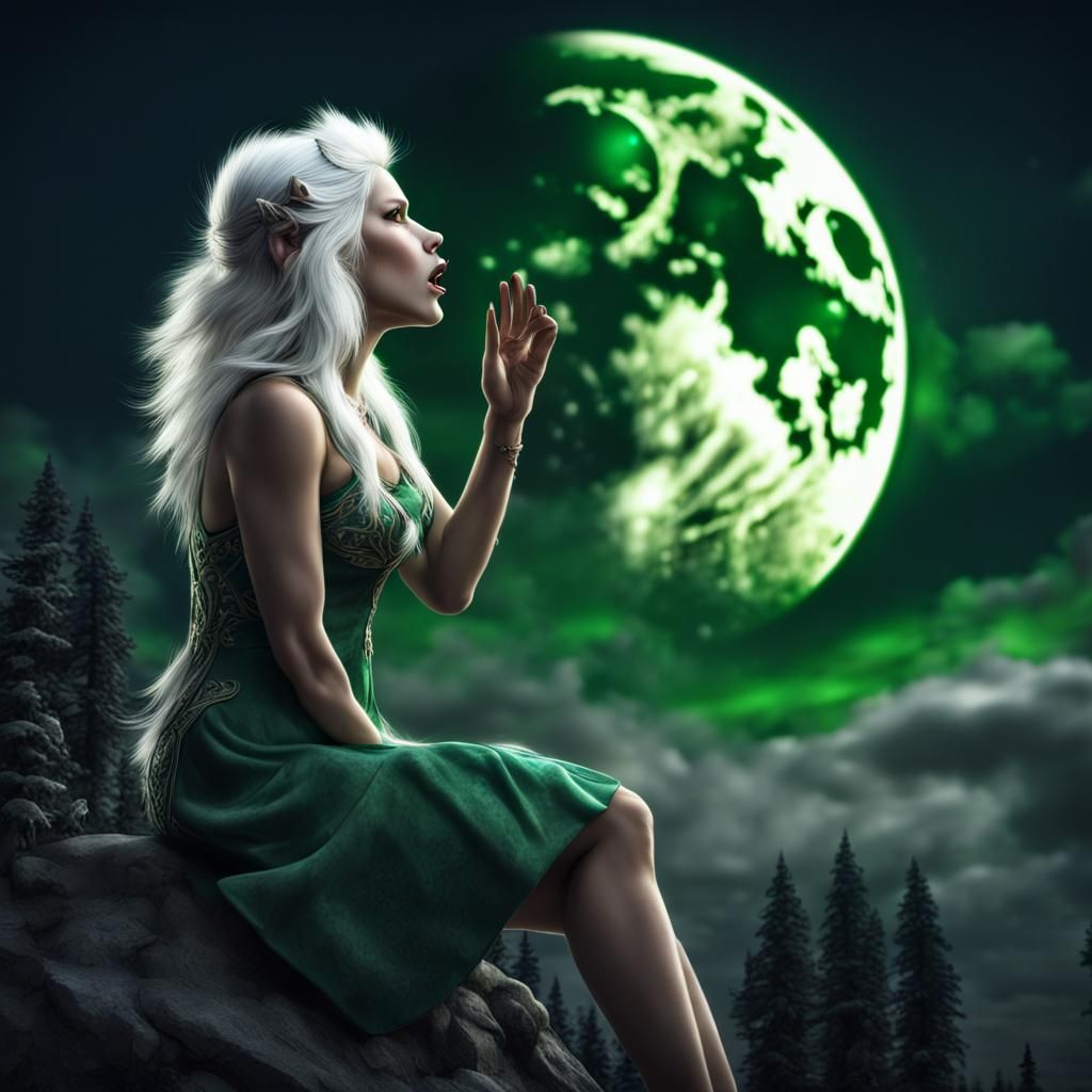 A wolf girl howling at the moon.With white hair and green glowing eyes ...