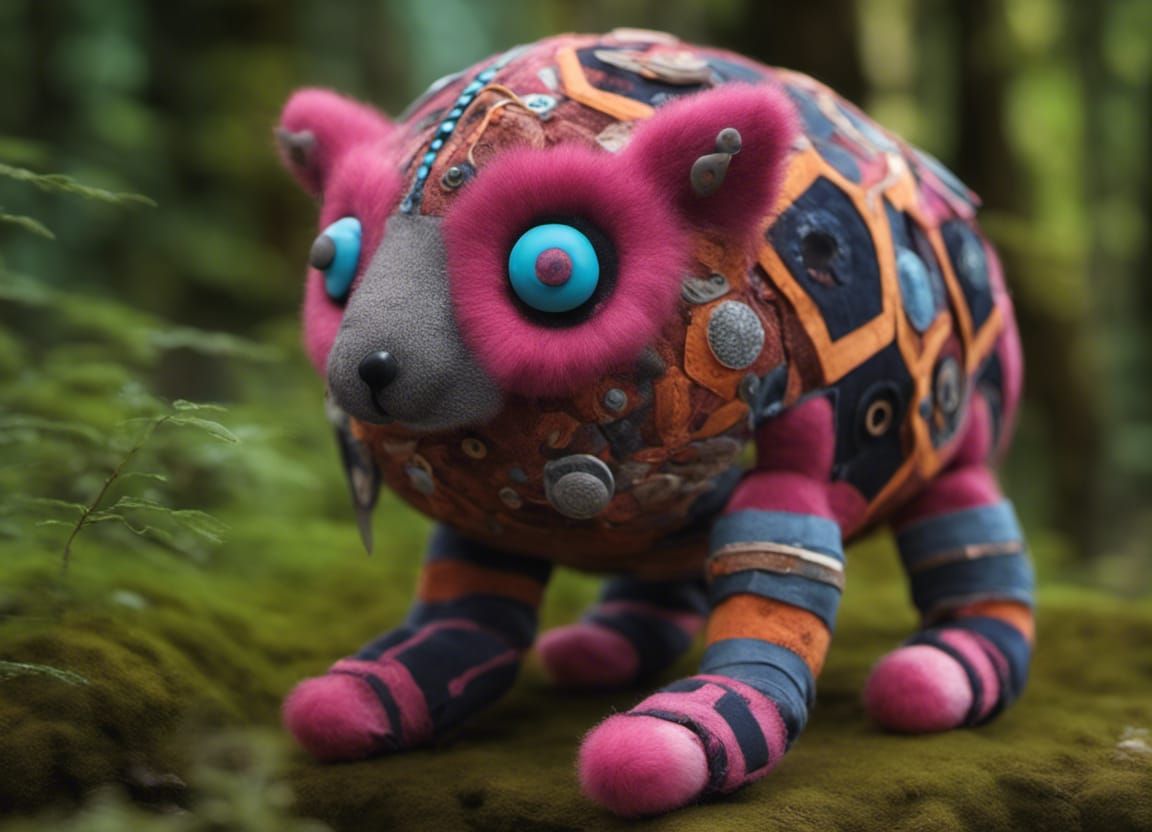 plush fluffy patchwork creature, by 3D textile collage artist ...