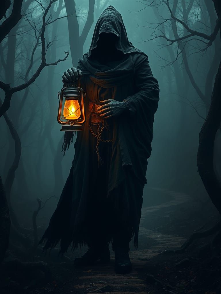 Dark, hooded figure holding a lantern; grim, mysterious figure shrouded in a large, dark cloak ...