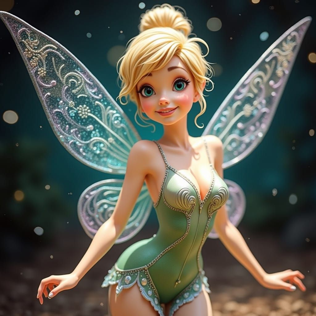 Tinkerbell, dressed in a green outfit with a sprinkle of pixie dust pattern.