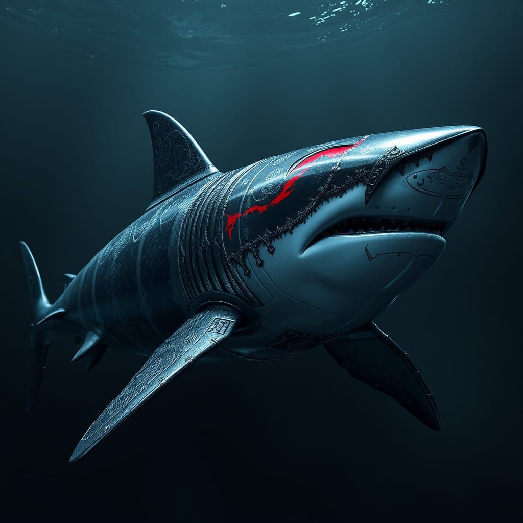 Majestic Shark in Gothic Armor Adorned with Mirror... - AI Art