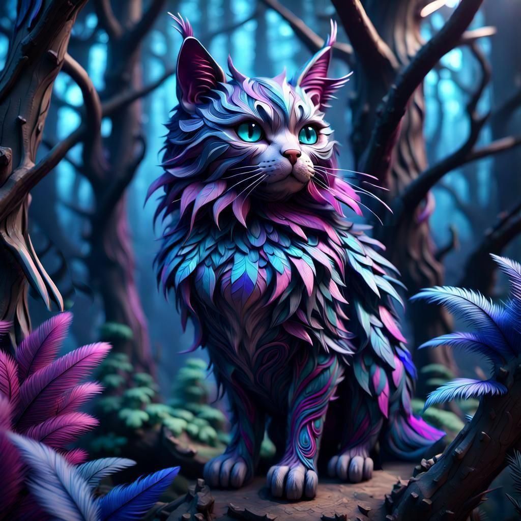 fantastical cat in a twisted forest, in shades of blue, cobalt, magenta ...
