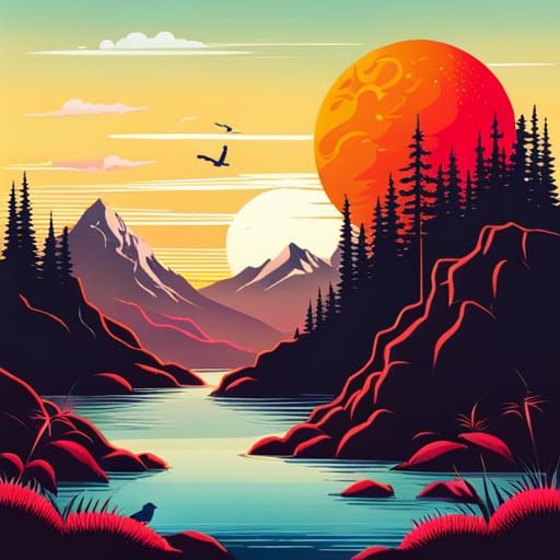 valley with birds and red sun. synthwave - AI Generated Artwork ...