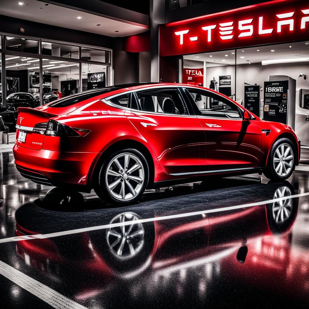 photograph of 1990's red Tesla electric car with a sign on it - AI ...