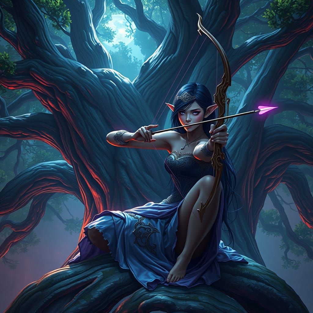 An elf archer sitting in the branches of a huge oak tree