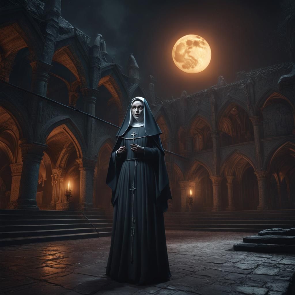 Ghost nun in haunted monastery under full moon - AI Generated Artwork ...