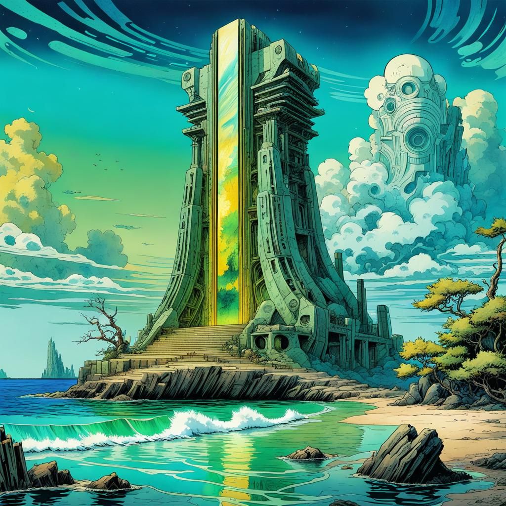 Ruins of a futuristic monolith on an island in the middle of an ocean ...