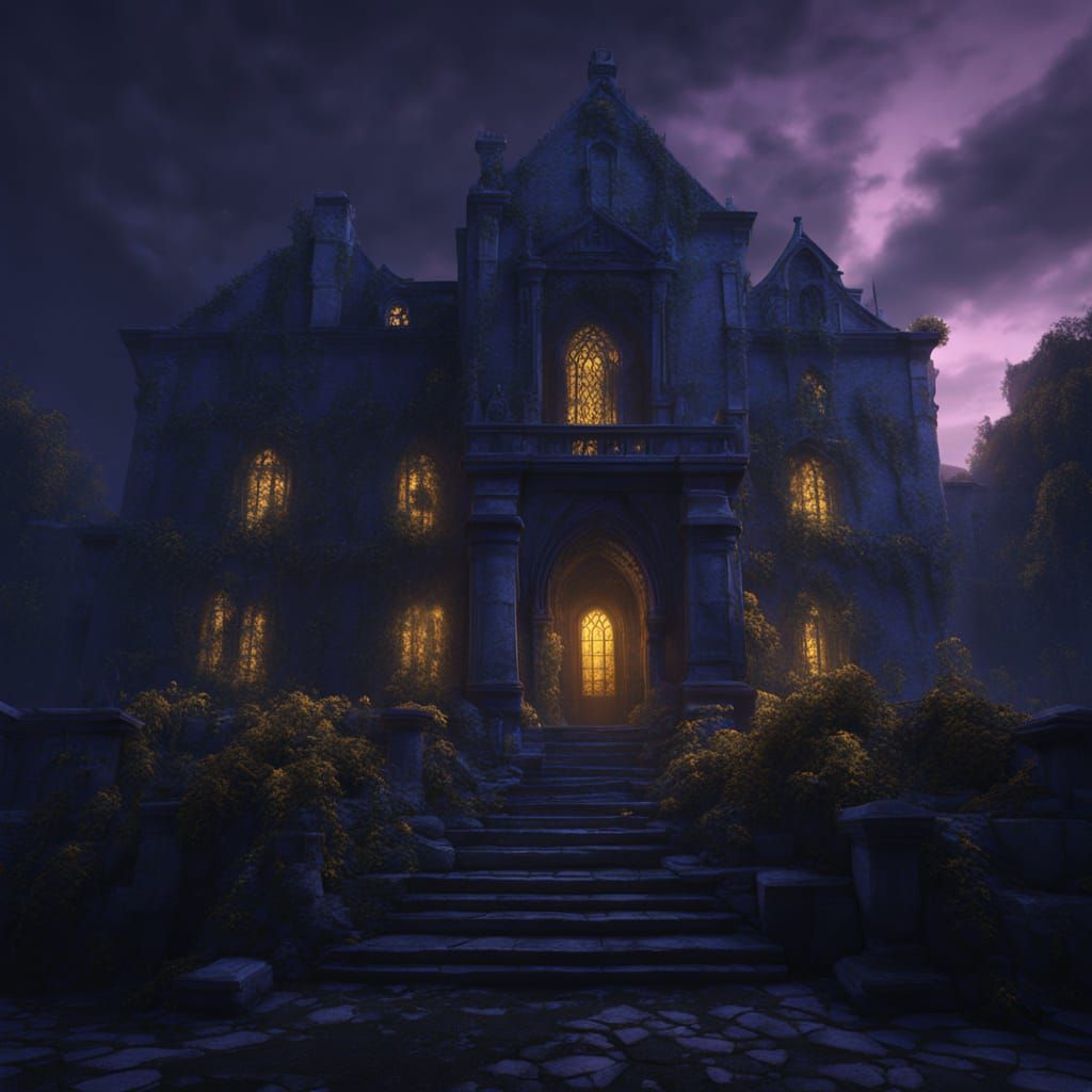 Ethereal Gothic Mansion with Celestial Glow - AI Art