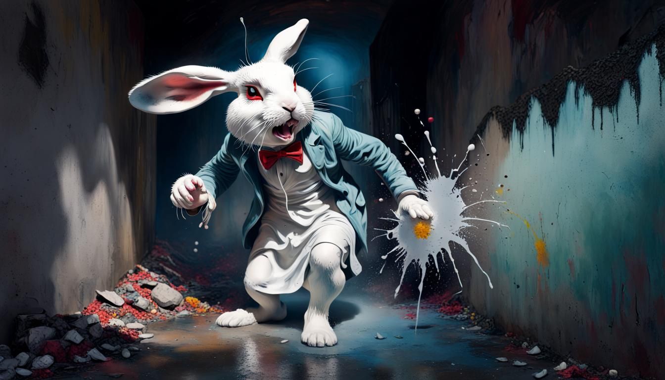 The entrance to Hell with a white rabbit Banksy Hyperrealistic, splash ...