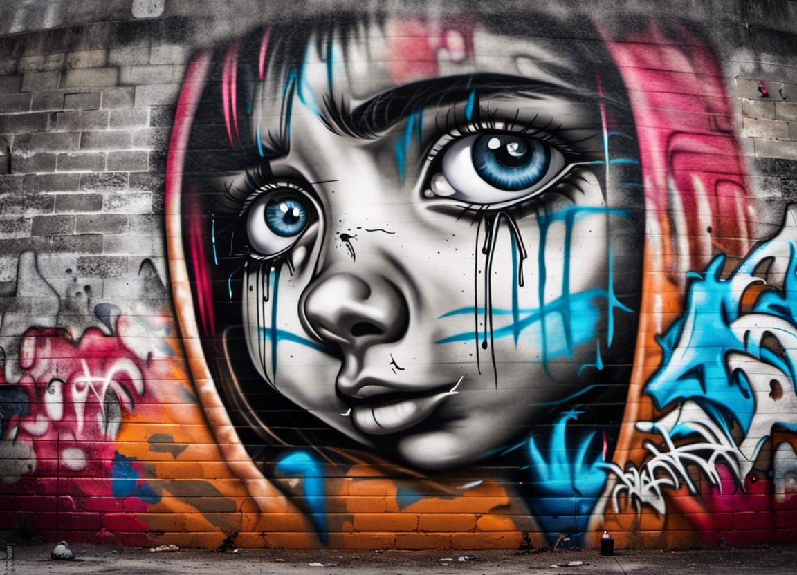 Graffiti street art of a girl crying, tears, sad, emotional graffiti on ...