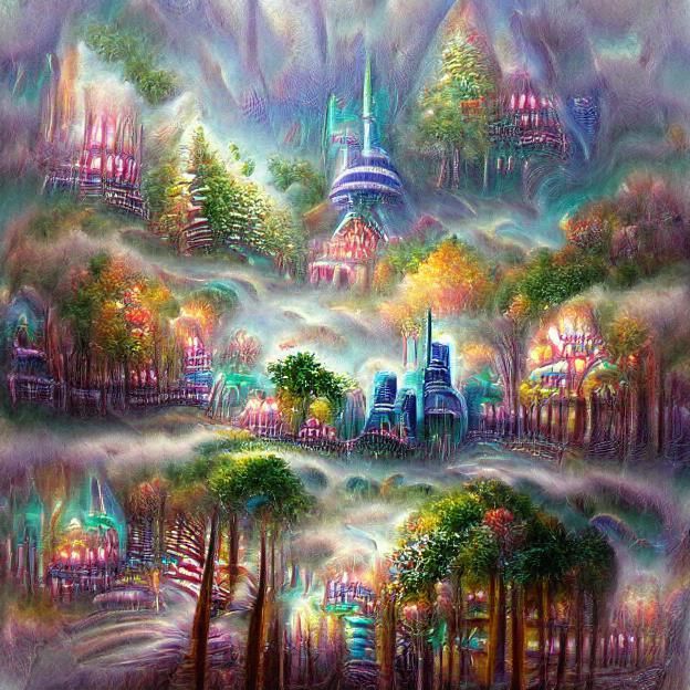 Psychedelic cityscape forest - AI Generated Artwork - NightCafe Creator