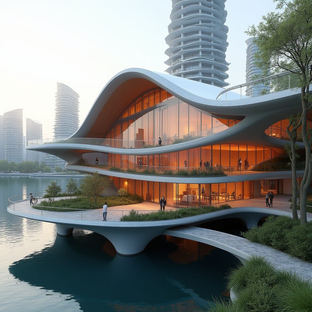 Futuristic Wave-Inspired Building in Sustainable U... - AI Art
