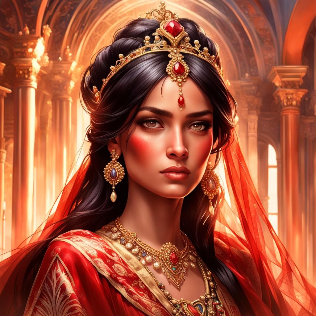 A ROYAL PRINCESS IN ROYAL FANCY RED GOWN WHO HAS BLACK HAIR AND BROWN ...