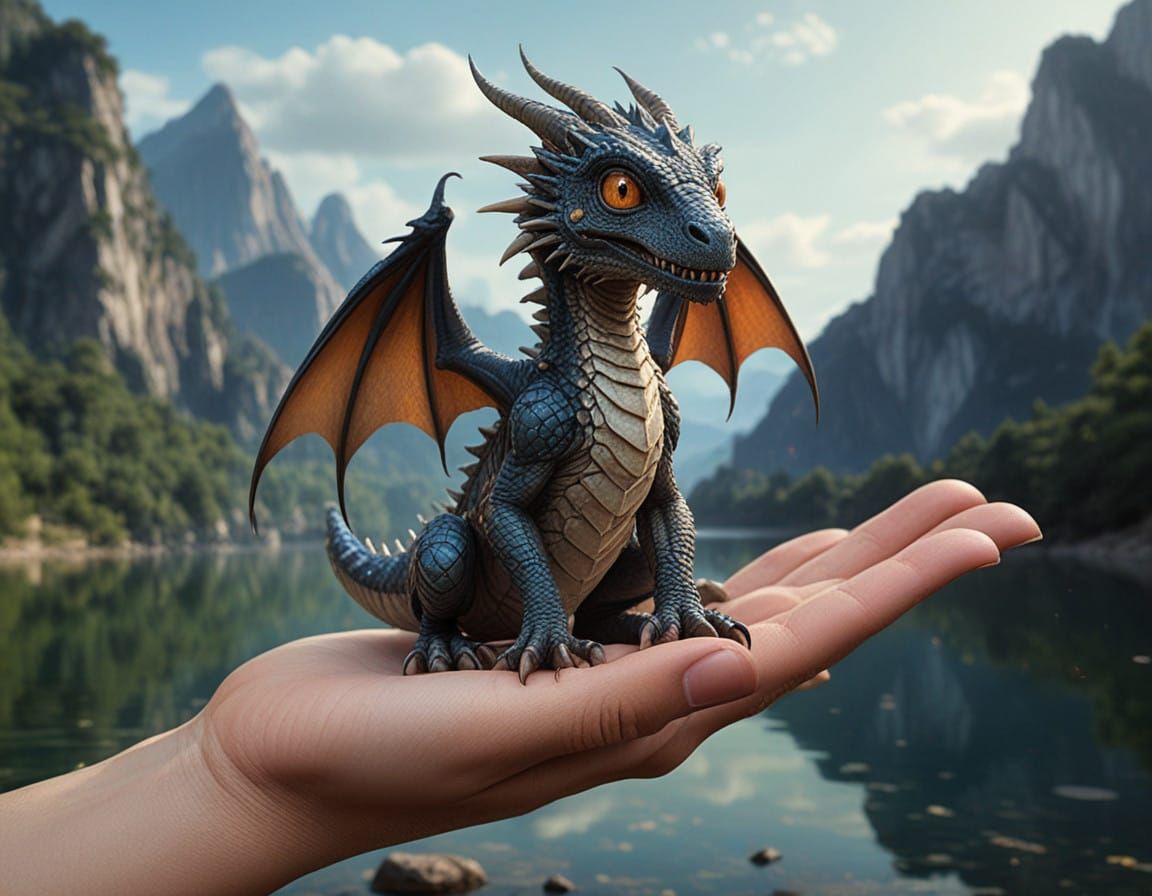 Chibi Alien Dragon in Gentle Lake Setting - AI Art