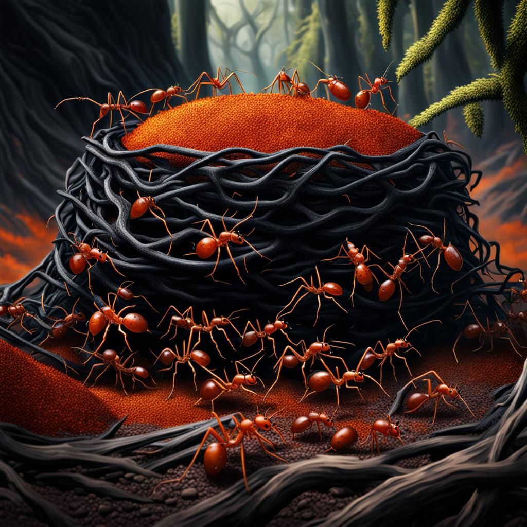 A colony of giant fire ants in a nest made of black licorice - AI ...