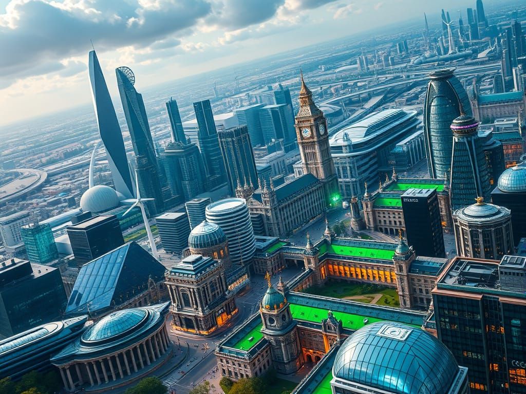 Aerial view of futuristic London in 2080
