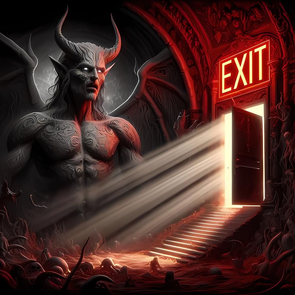 A detailed still-scene of a demon opening a door streaming with light ...