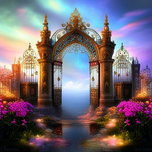 mist everywhere, very colorful sunset in a fantasy garden with fairy ...