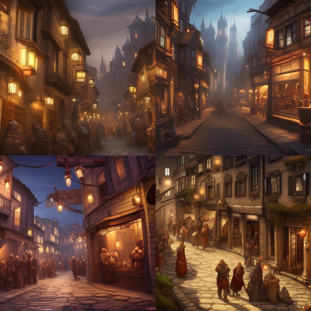 Crowded medieval city street lined with shops - AI Generated Artwork ...