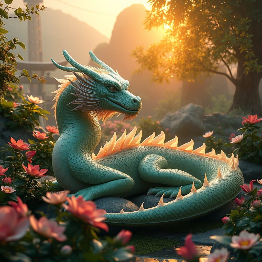 Ethereal Jade Crystal Dragon in Serene Zen Garden - AI Art