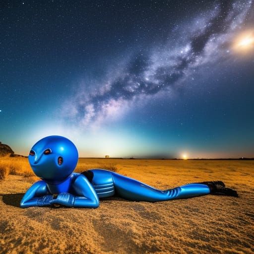 A blue alien man lying under the stars, intricate details, HDR ...